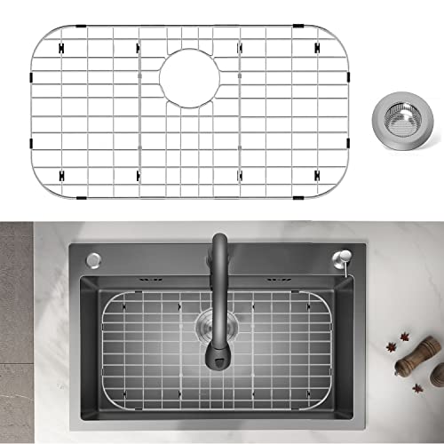 Stainless Steel Sink Protector 26"x14" with Rear Drain, Metal Sink Rack for Bottom of Sink, Kitchen Sink Grate and Sink Protectors with Sink Strainer (26" x 14" - Rear Drain)