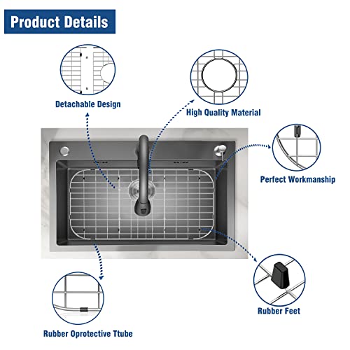 Stainless Steel Sink Protector 26"x14" with Rear Drain, Metal Sink Rack for Bottom of Sink, Kitchen Sink Grate and Sink Protectors with Sink Strainer (26" x 14" - Rear Drain)