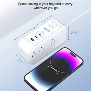 6FT PD 65W USB C Power Strip Surge Protector for Travel&Work, 9-in-1 Power Strip with 6 Widely AC Outlets&3 USB Ports, Overload Protection, Flat Plug, Wall Mount, Desk USB Charging Station, 1875W/15A