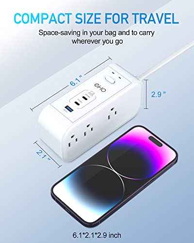 6FT PD 65W USB C Power Strip Surge Protector for Travel&Work, 9-in-1 Power Strip with 6 Widely AC Outlets&3 USB Ports, Overload Protection, Flat Plug, Wall Mount, Desk USB Charging Station, 1875W/15A