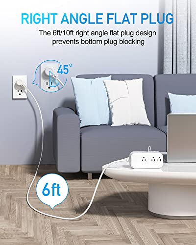 6FT PD 65W USB C Power Strip Surge Protector for Travel&Work, 9-in-1 Power Strip with 6 Widely AC Outlets&3 USB Ports, Overload Protection, Flat Plug, Wall Mount, Desk USB Charging Station, 1875W/15A