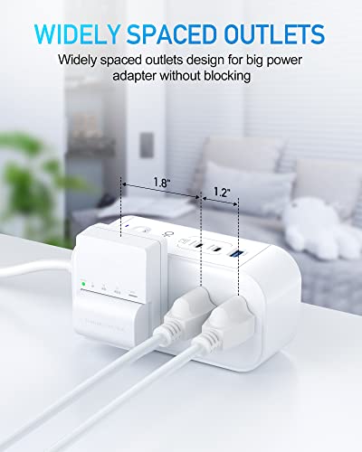 6FT PD 65W USB C Power Strip Surge Protector for Travel&Work, 9-in-1 Power Strip with 6 Widely AC Outlets&3 USB Ports, Overload Protection, Flat Plug, Wall Mount, Desk USB Charging Station, 1875W/15A