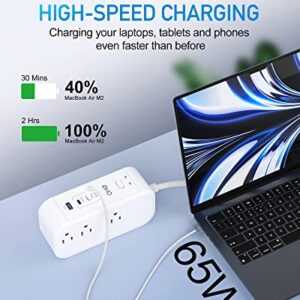 6FT PD 65W USB C Power Strip Surge Protector for Travel&Work, 9-in-1 Power Strip with 6 Widely AC Outlets&3 USB Ports, Overload Protection, Flat Plug, Wall Mount, Desk USB Charging Station, 1875W/15A