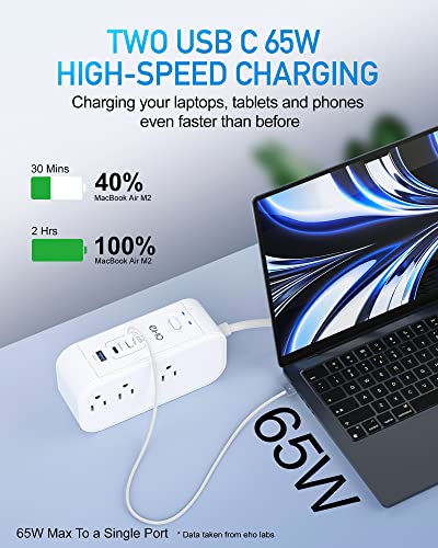 6FT PD 65W USB C Power Strip Surge Protector for Travel&Work, 9-in-1 Power Strip with 6 Widely AC Outlets&3 USB Ports, Overload Protection, Flat Plug, Wall Mount, Desk USB Charging Station, 1875W/15A