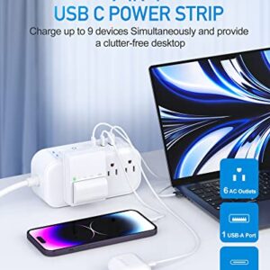 6FT PD 65W USB C Power Strip Surge Protector for Travel&Work, 9-in-1 Power Strip with 6 Widely AC Outlets&3 USB Ports, Overload Protection, Flat Plug, Wall Mount, Desk USB Charging Station, 1875W/15A