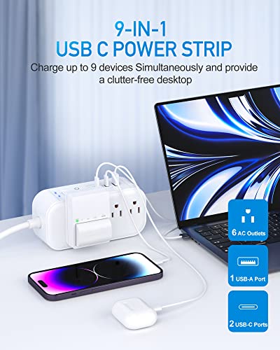 6FT PD 65W USB C Power Strip Surge Protector for Travel&Work, 9-in-1 Power Strip with 6 Widely AC Outlets&3 USB Ports, Overload Protection, Flat Plug, Wall Mount, Desk USB Charging Station, 1875W/15A