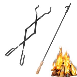 26" fireplace fire pit tongs & 32" fire pit poker, fireplace wood stove firewood tongs, black heavy duty wrought iron log grabber fire pit tools for campfire, fireplace, bonfires, indoor&outdoor use