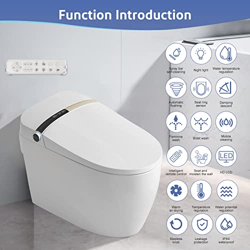 Smart Bidet Toilet- Tankless One Piece Toilet with Remote Control,Temperature Controlled Wash Functions,Warm Air Dryer Heated Bidet Seat, Hip Cleaning Temperature Adjustment Intelligent Toilet