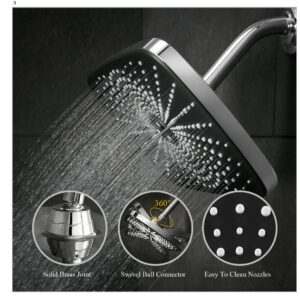 Veken 12 inch Rain Shower Head Rectangle- Wide Coverage Rainfall Style Water Spray - Adjustable Showerhead with Anti-Clog Nozzles - High Pressure Rain Fall for Soothing Sensation - Chrome Black