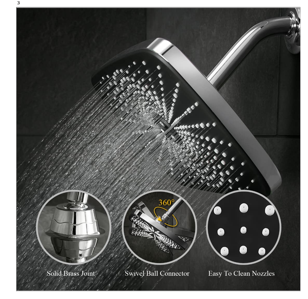 Veken 12 inch Rain Shower Head Rectangle- Wide Coverage Rainfall Style Water Spray - Adjustable Showerhead with Anti-Clog Nozzles - High Pressure Rain Fall for Soothing Sensation - Chrome Black