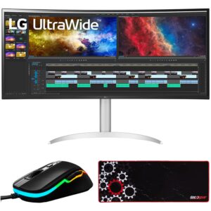 LG 38WP85C-W 38" Curved 21:9 UltraWide QHD 3840x1600 PC Monitor Bundle with Deco Gear Wired Gaming Mouse and Deco Gear Large Extended Pro Gaming Mouse Pad