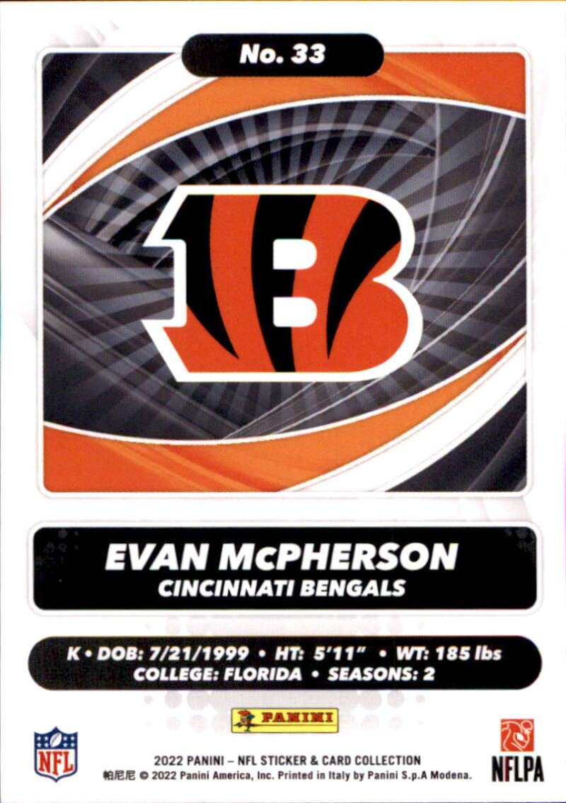 2022 Panini NFL Sticker Card #33 Evan McPherson Cincinnati Bengals Football Card