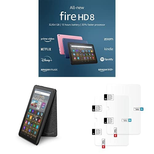 Fire HD 8 tablet (32 GB, Black, Ad-Supported) + Amazon Standing Case (Black) + Screen Protector (2-Pack)