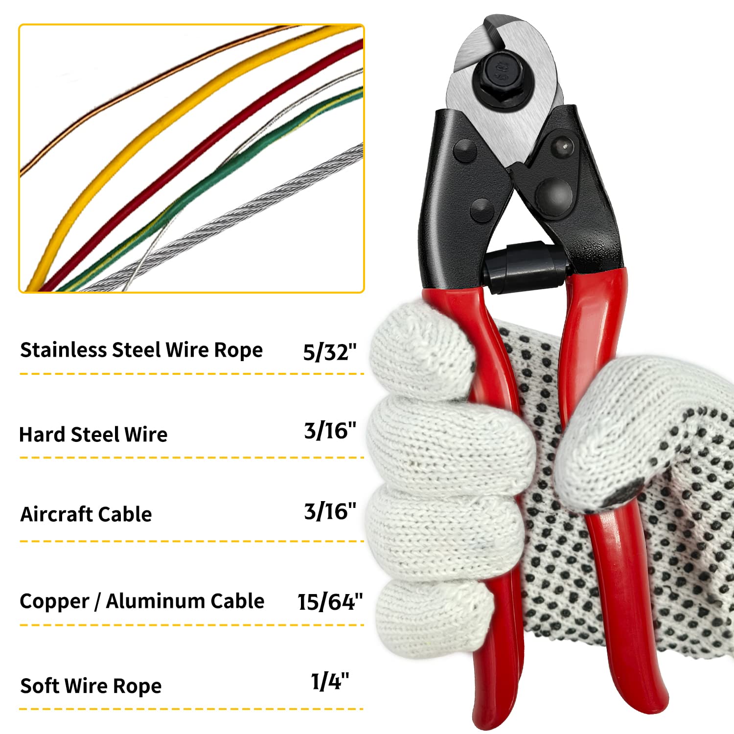 Steel DN Mate 7.6" Steel Wire Cutter, Cut All Wires Up to 5/32", Wire Rope Cutter, Cut Steel Cable, Aircraft Cable, Wire Seals, Bike Cable,  Aluminum/Copper Wire, Fence Cable, One-Hand Operate CC-11