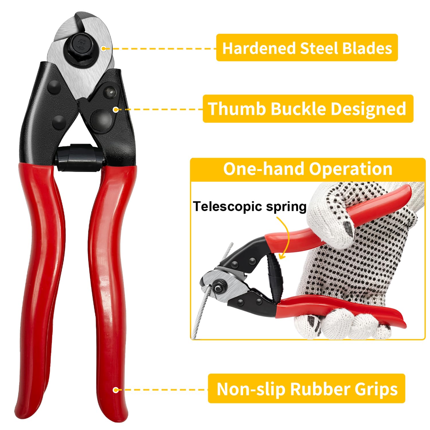 Steel DN Mate 7.6" Steel Wire Cutter, Cut All Wires Up to 5/32", Wire Rope Cutter, Cut Steel Cable, Aircraft Cable, Wire Seals, Bike Cable,  Aluminum/Copper Wire, Fence Cable, One-Hand Operate CC-11