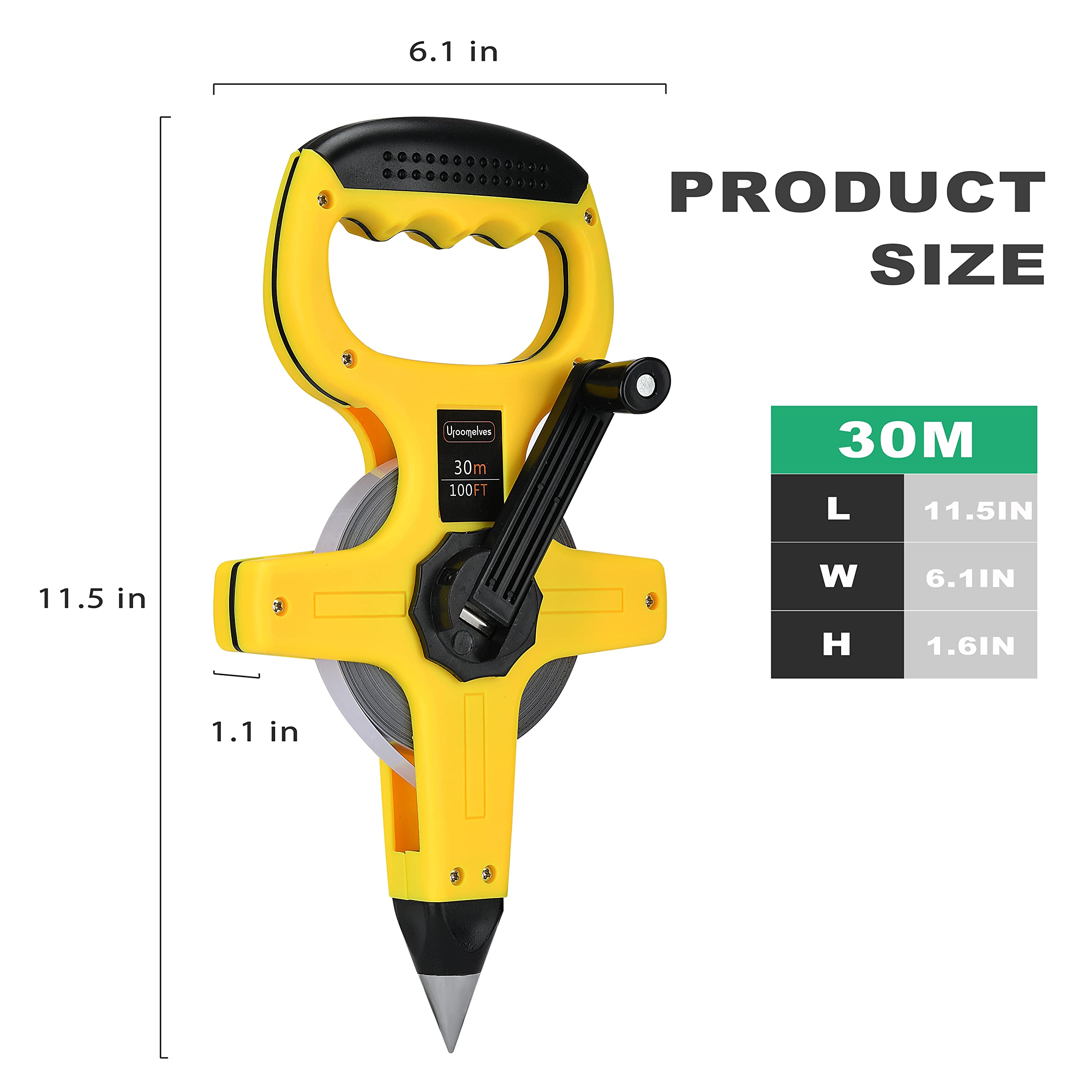 Uroomelves Open Reel Steel Tape Measure, 100ft/30m Imperial & Metric Steel Accurate Measuring Stretch Tapes, Impact Resistant ABS Shell, for Athletic Field, Long Jump, Engineer, Outdoor.