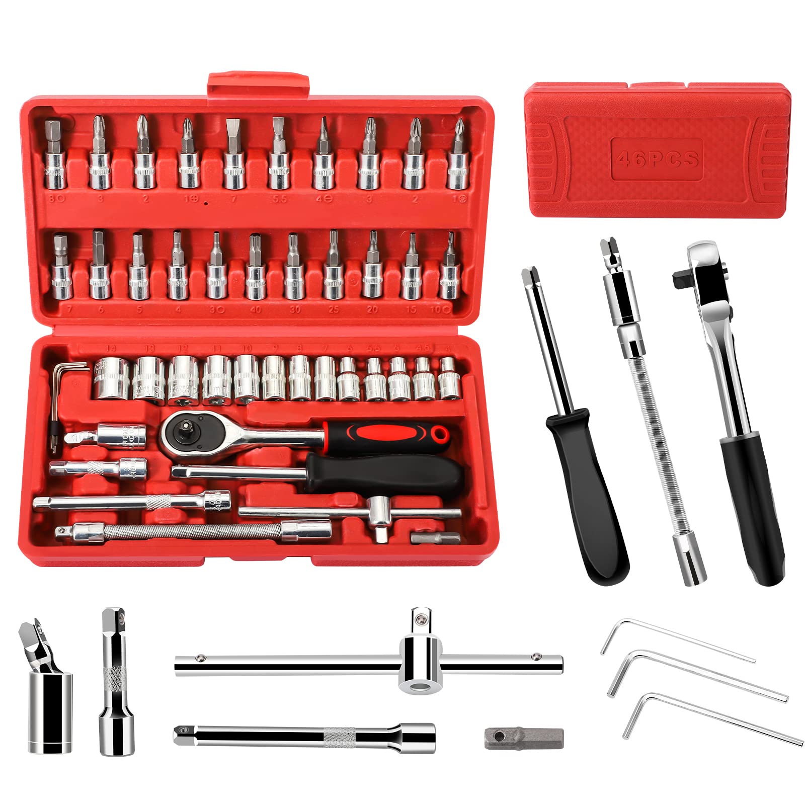 KIBLAH 46 Pieces 1/4 inch Drive Socket Ratchet Wrench Set,with Bit Socket Set Metric and Extension Bar for Auto Repairing and Household, Is A Unique Gift For Men