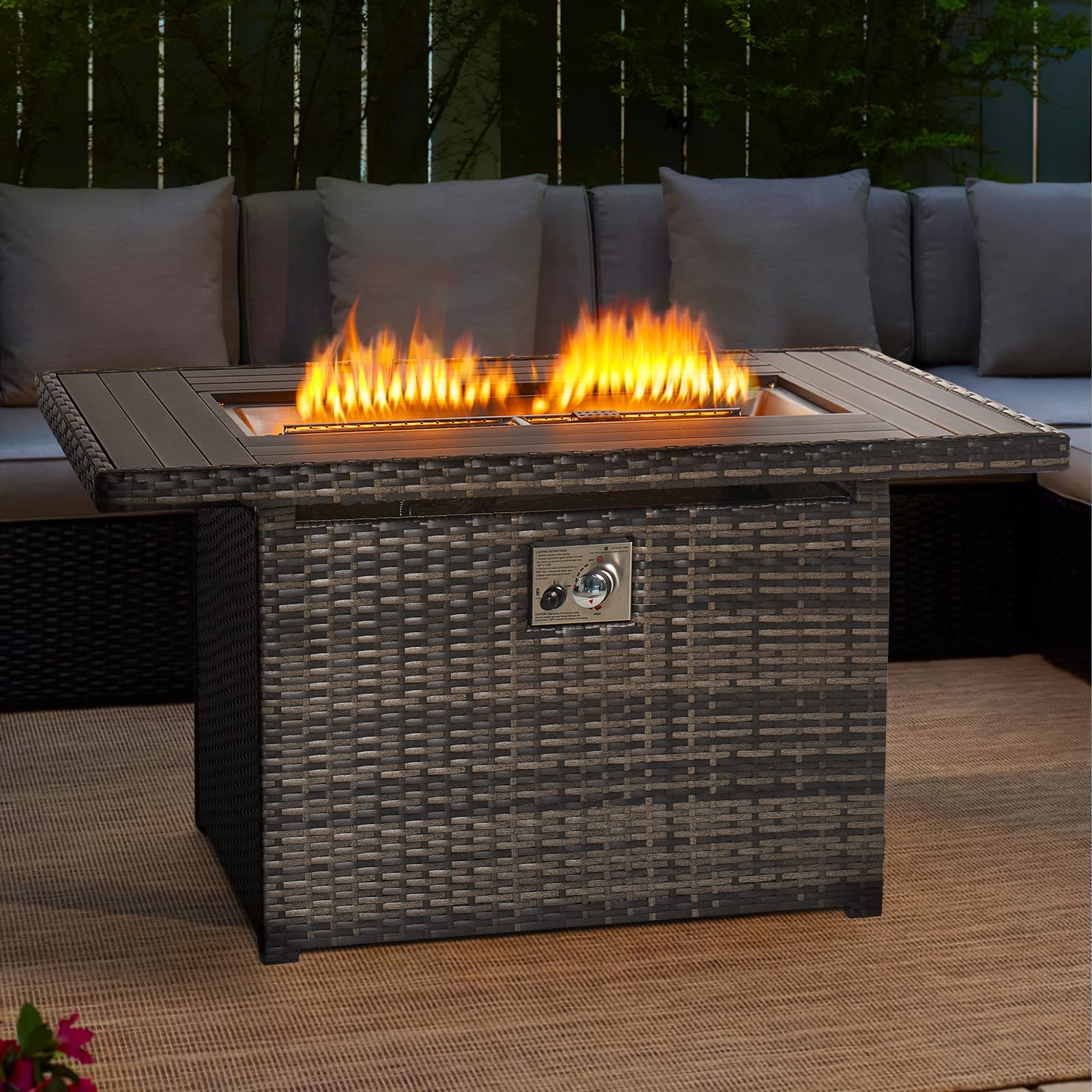 oneinmil 44" Outdoor Fire Pit Table, CSA Certification 50,000 BTU Propan Fire Pit Table with Auto-Ignition, Patio Wicker Firepit with Oxford Cover, Grey