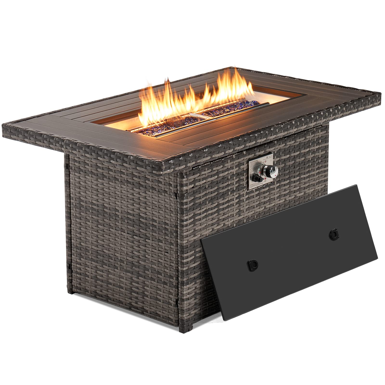 oneinmil 44" Outdoor Fire Pit Table, CSA Certification 50,000 BTU Propan Fire Pit Table with Auto-Ignition, Patio Wicker Firepit with Oxford Cover, Grey