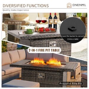 oneinmil 44" Outdoor Fire Pit Table, CSA Certification 50,000 BTU Propan Fire Pit Table with Auto-Ignition, Patio Wicker Firepit with Oxford Cover, Grey