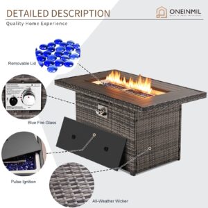 oneinmil 44" Outdoor Fire Pit Table, CSA Certification 50,000 BTU Propan Fire Pit Table with Auto-Ignition, Patio Wicker Firepit with Oxford Cover, Grey