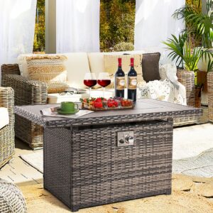 oneinmil 44" Outdoor Fire Pit Table, CSA Certification 50,000 BTU Propan Fire Pit Table with Auto-Ignition, Patio Wicker Firepit with Oxford Cover, Grey