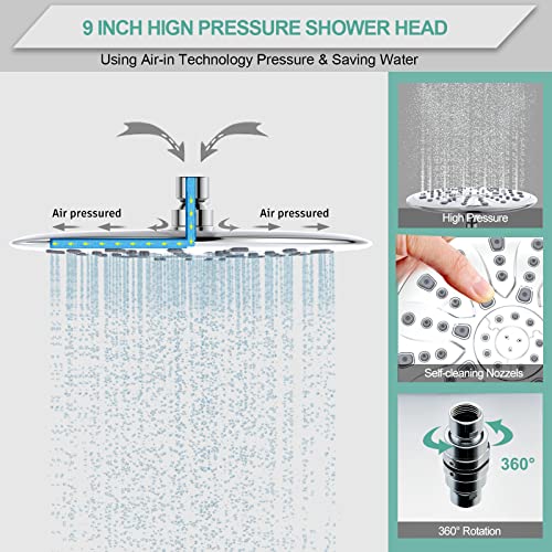 SR SUN RISE 9 Inch High Pressure Rain Shower Head Combo with Filtered Shower Wand, 8 Water Spray Modes Shower Head with 71 Inch Extra Long Hose