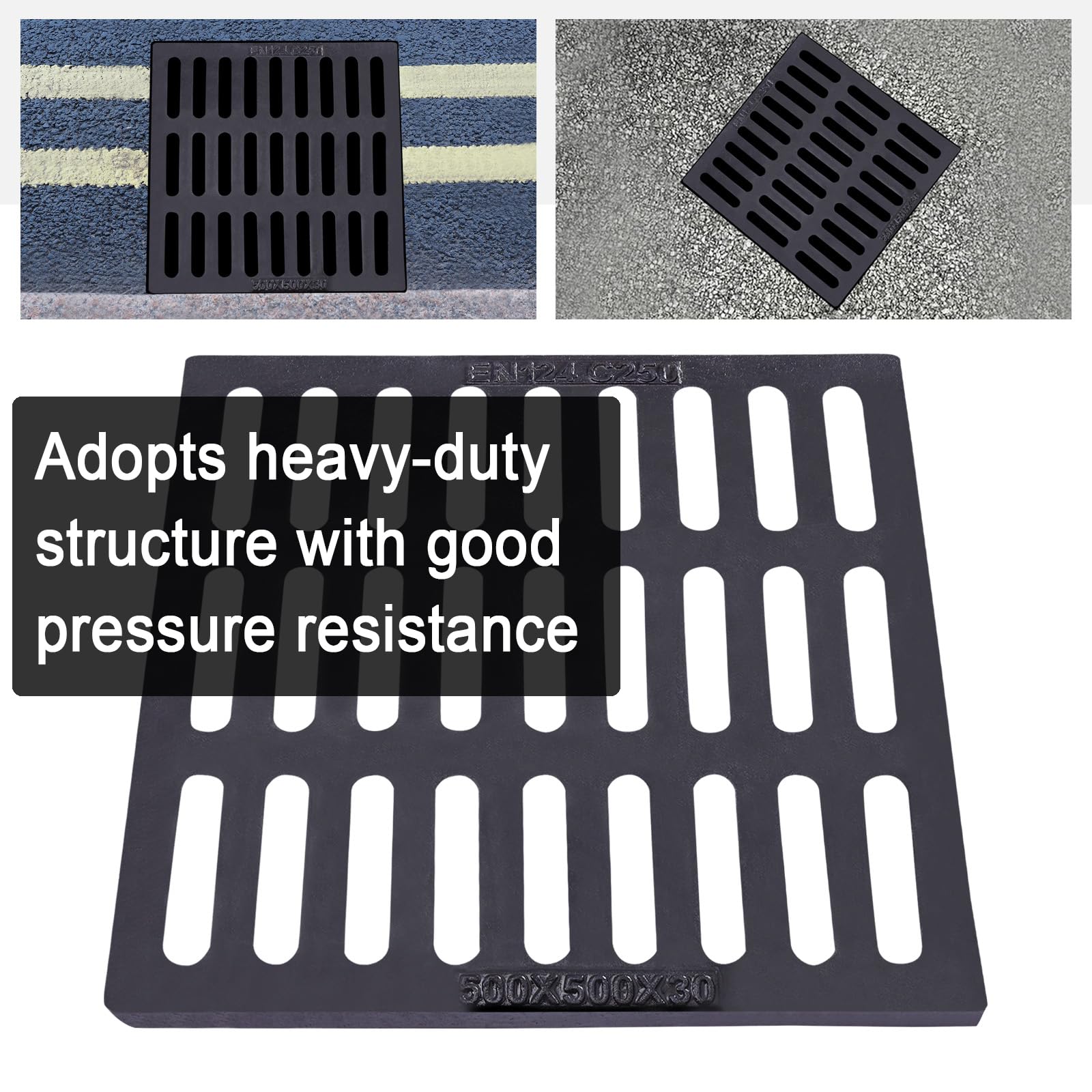 Cast Iron Drain Grate, 19.7 x19.7 Outdoor Drain Cover, Durable Heavy Duty Sewer Cover to Block Debris, Black Rectangle Drainage Grate for Concrete Floor