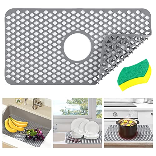 Kitchen silicone sink protector(24.8 "x 13"), gray sink grille mat with central drain hole, for Farm Stainless steel Ceramic sink mat,non-slip, Heat resistnt 500F(with cleaning brush)