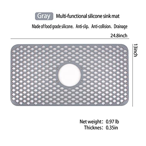 Kitchen silicone sink protector(24.8 "x 13"), gray sink grille mat with central drain hole, for Farm Stainless steel Ceramic sink mat,non-slip, Heat resistnt 500F(with cleaning brush)