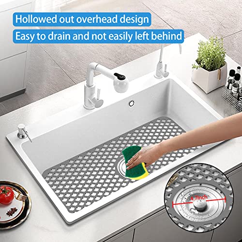 Kitchen silicone sink protector(24.8 "x 13"), gray sink grille mat with central drain hole, for Farm Stainless steel Ceramic sink mat,non-slip, Heat resistnt 500F(with cleaning brush)