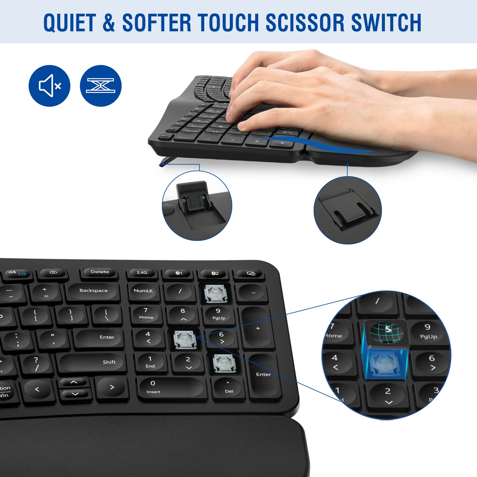 MK960 Ergonomic Wireless Keyboard Mouse Combo, Bluetooth/2.4G Split Design Keyboard with Palm Rest and 4 Level DPI Adjustable Wireless Mouse Multi-Device, Rechargeable, for Windows/Mac/Android(Black)