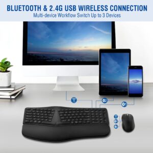 MK960 Ergonomic Wireless Keyboard Mouse Combo, Bluetooth/2.4G Split Design Keyboard with Palm Rest and 4 Level DPI Adjustable Wireless Mouse Multi-Device, Rechargeable, for Windows/Mac/Android(Black)