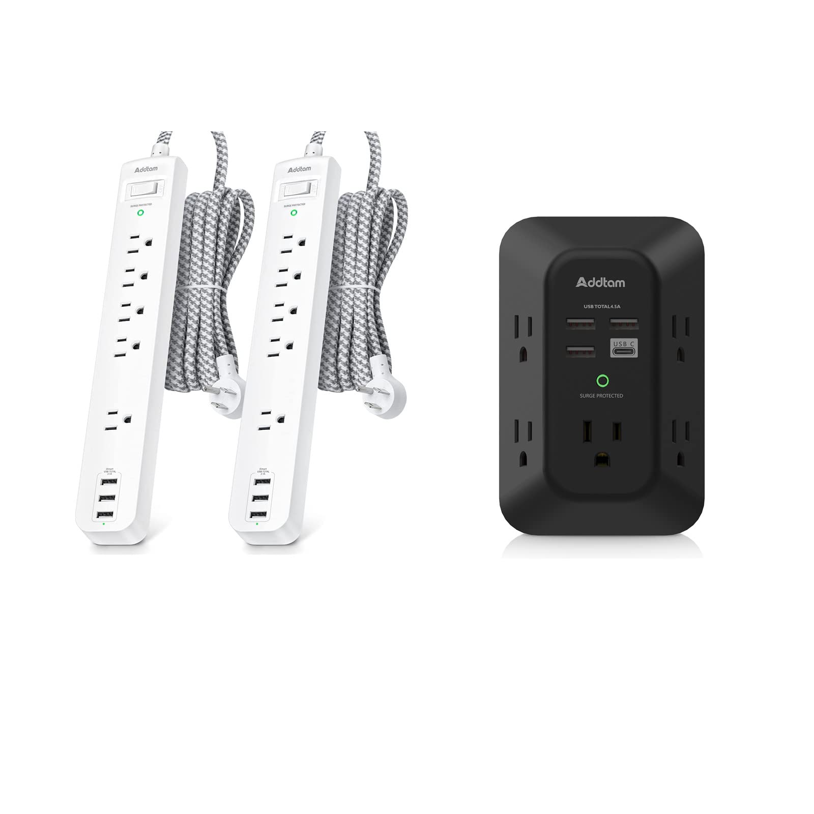 2 Pack Power Strip Surge Protector and Black USB Wall Charger Surge Protector