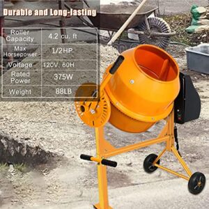 Fujampe Cement Mixer 4.2 Cu Ft Heavy Duty Portable Electric Cement Mixer Electric Concrete Concrete Mixer Machine 120L Wheelbarrow Mud Mixer for Stucco Mortar 1/2 Hp 36RPM (Alloy Steel)