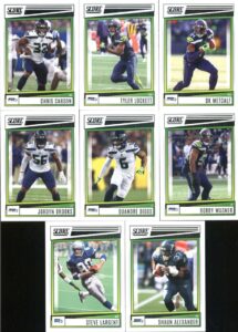 2022 score veteran seattle seahawks team set of 8 cards: dk metcalf(#172), tyler lockett(#173), chris carson(#175), bobby wagner(#176), quandre diggs(#177), jordyn brooks(#178), shaun alexander(#179), steve largent(#180) - gotbaseballcards