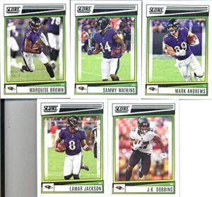 2022 score veteran baltimore ravens team set of 10 cards: marquise brown(#181), sammy watkins(#182), mark andrews(#183), lamar jackson(#184), j.k. dobbins(#185), patrick queen(#186), odafe oweh(#187), justin tucker(#188), ed reed(#189), ray lewis(#190) -