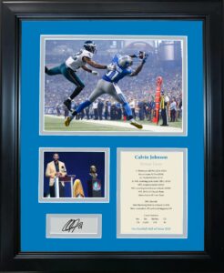 framed calvin johnson hall of fame facsimile laser engraved signature auto detroit lions 12"x15" football photo collage