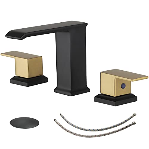 BWE Waterfall Bathroom Faucet Black and Brushed Gold 3 Holes 8 Inch Two Handles Vanity Bathroom Sink Faucet with Pop Up Drain Stopper and Supply Lines Square Bath Lavatory Mixer Tap