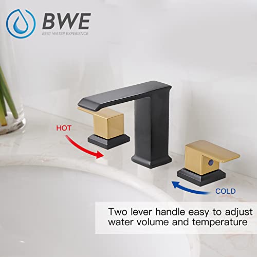 BWE Waterfall Bathroom Faucet Black and Brushed Gold 3 Holes 8 Inch Two Handles Vanity Bathroom Sink Faucet with Pop Up Drain Stopper and Supply Lines Square Bath Lavatory Mixer Tap