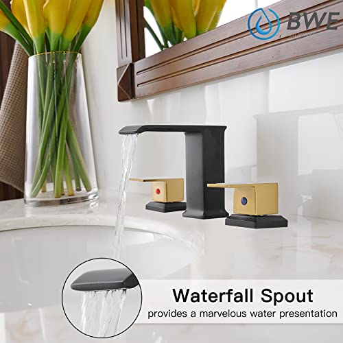 BWE Waterfall Bathroom Faucet Black and Brushed Gold 3 Holes 8 Inch Two Handles Vanity Bathroom Sink Faucet with Pop Up Drain Stopper and Supply Lines Square Bath Lavatory Mixer Tap