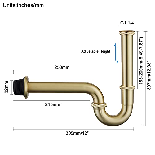 Segistan Bathroom Basin Sink U Shape Trap, Brass Core Adjustable Height 1-1/4 Bottle Trap Basin Sink Waste Drain P Trap, General US/CA Standard, Brushed Gold