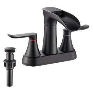 matte black bathroom faucet,yundoom 4 inch centerset bathroom faucet,waterfall bathroom faucet,2 handle bathroom faucet for sink 3 hole,360 degree swivel spout bathroom sink faucet with pop up drain