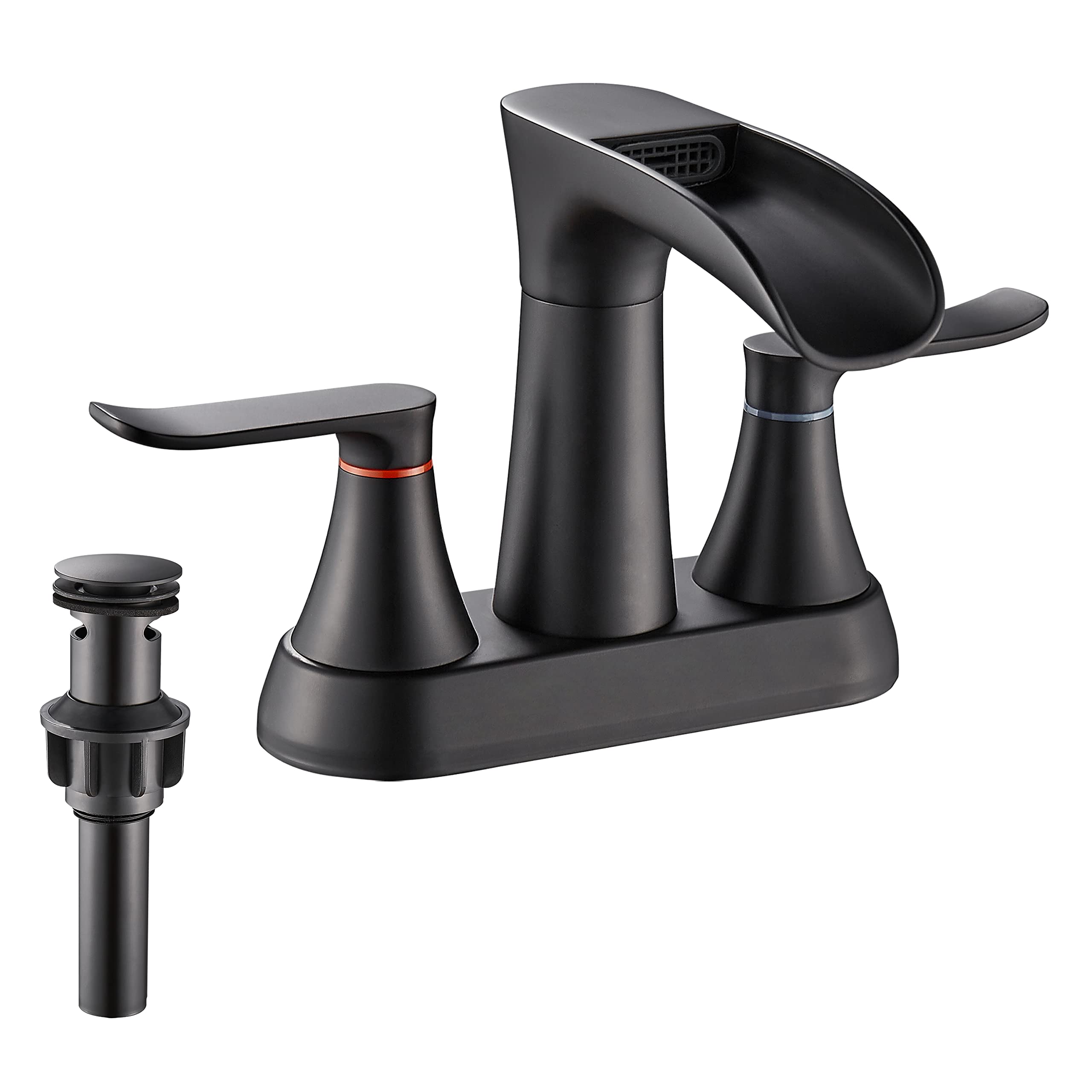 Matte Black Bathroom Faucet,Yundoom 4 Inch Centerset Bathroom Faucet,Waterfall Bathroom Faucet,2 Handle Bathroom Faucet for Sink 3 Hole,360 Degree Swivel Spout Bathroom Sink Faucet with Pop Up Drain