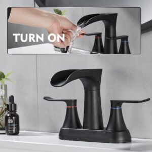 Matte Black Bathroom Faucet,Yundoom 4 Inch Centerset Bathroom Faucet,Waterfall Bathroom Faucet,2 Handle Bathroom Faucet for Sink 3 Hole,360 Degree Swivel Spout Bathroom Sink Faucet with Pop Up Drain