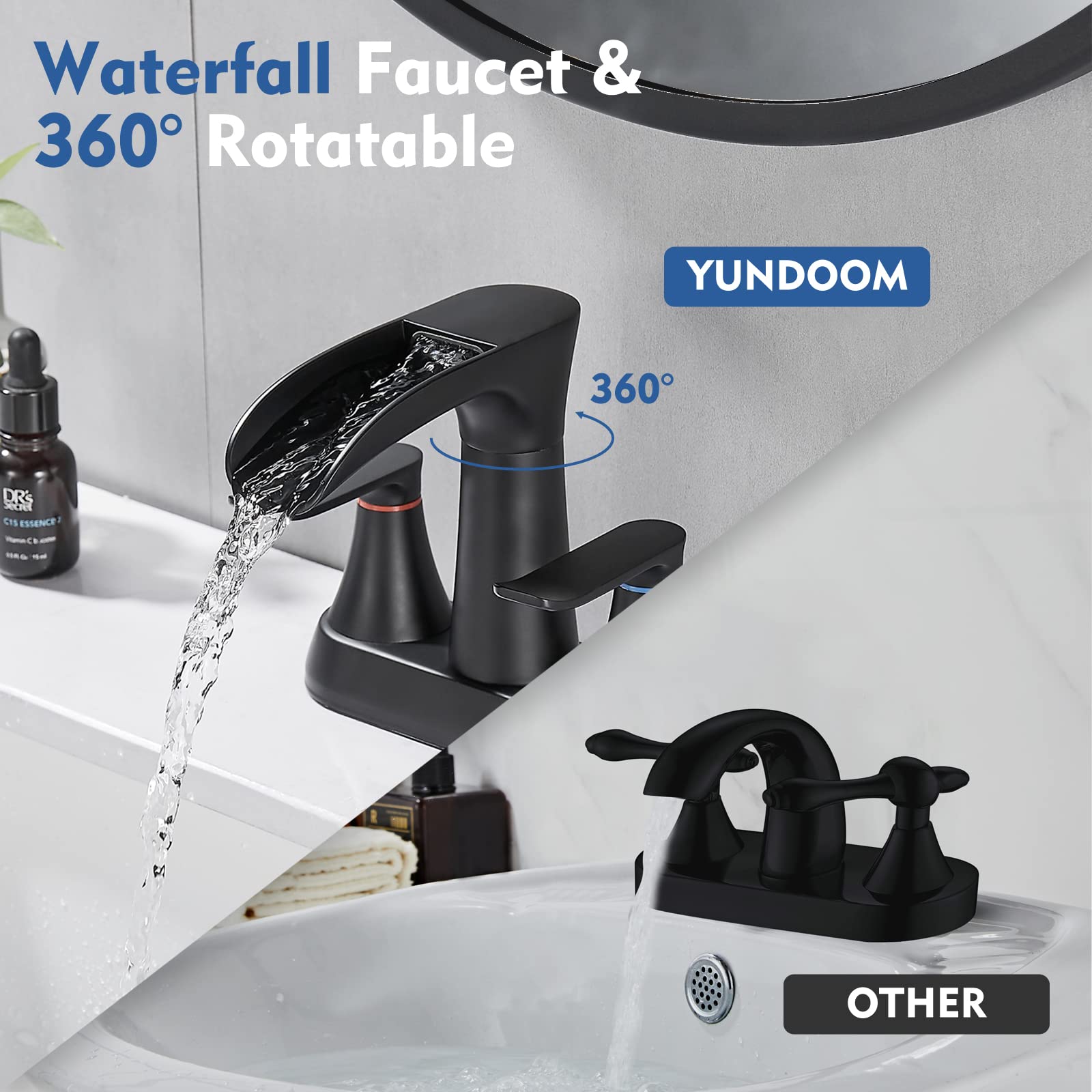 Matte Black Bathroom Faucet,Yundoom 4 Inch Centerset Bathroom Faucet,Waterfall Bathroom Faucet,2 Handle Bathroom Faucet for Sink 3 Hole,360 Degree Swivel Spout Bathroom Sink Faucet with Pop Up Drain