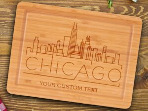 chicago skyline cutting board, custom housewarming gift, personalized cutting board, wedding gift for couples, wooden bamboo board with 6 different styles