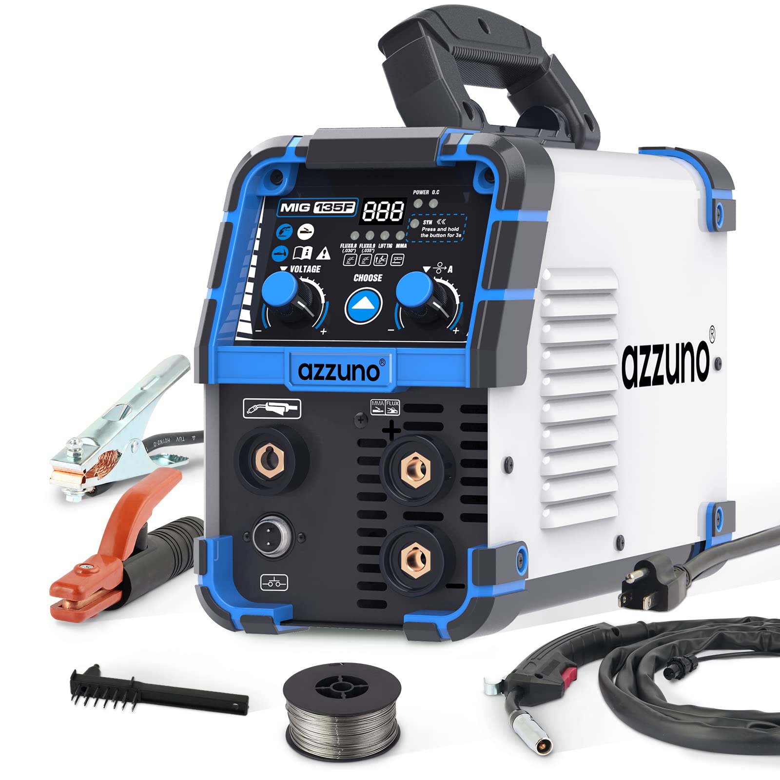 AZZUNO 135 Amp MIG Welder, 3 in 1 Multiprocess Welder 110V Flux Core Welder Flux MIG/Lift TIG/Stick Welding Machine Synergic Control IGBT Inverter Welder (volts, 110)