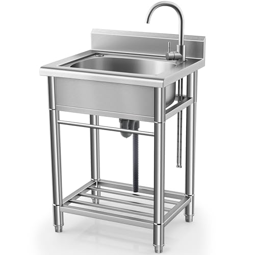 Utility Sink Free Standing Single Bowl Kitchen Sink with Cold and Hot Water Pipe Stainless Steel Sink for Laundry Room Bathroom Farmhouse