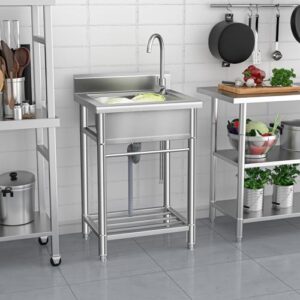 Utility Sink Free Standing Single Bowl Kitchen Sink with Cold and Hot Water Pipe Stainless Steel Sink for Laundry Room Bathroom Farmhouse